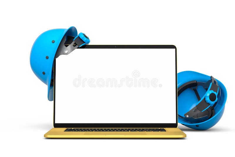 Set of Safety Helmets or Hard Caps and Laptop on White Background Stock ...