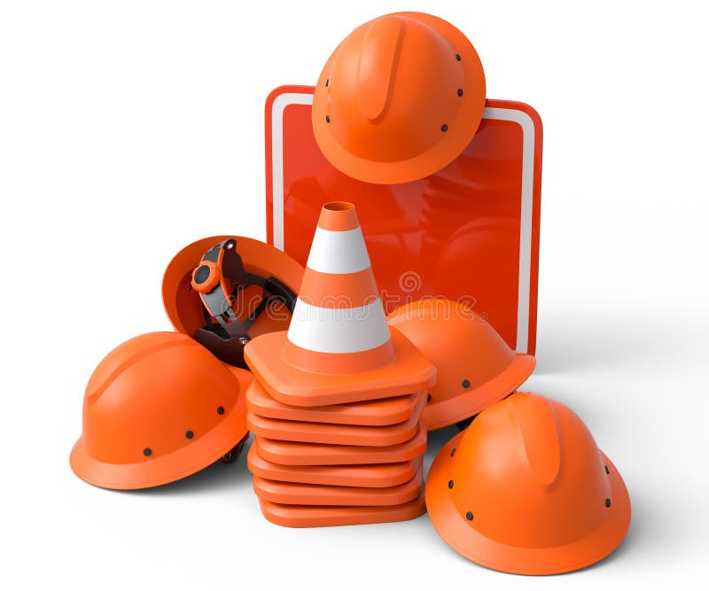Set of Safety Helmets or Hard Hats and Traffic Cones, Road Sign on ...