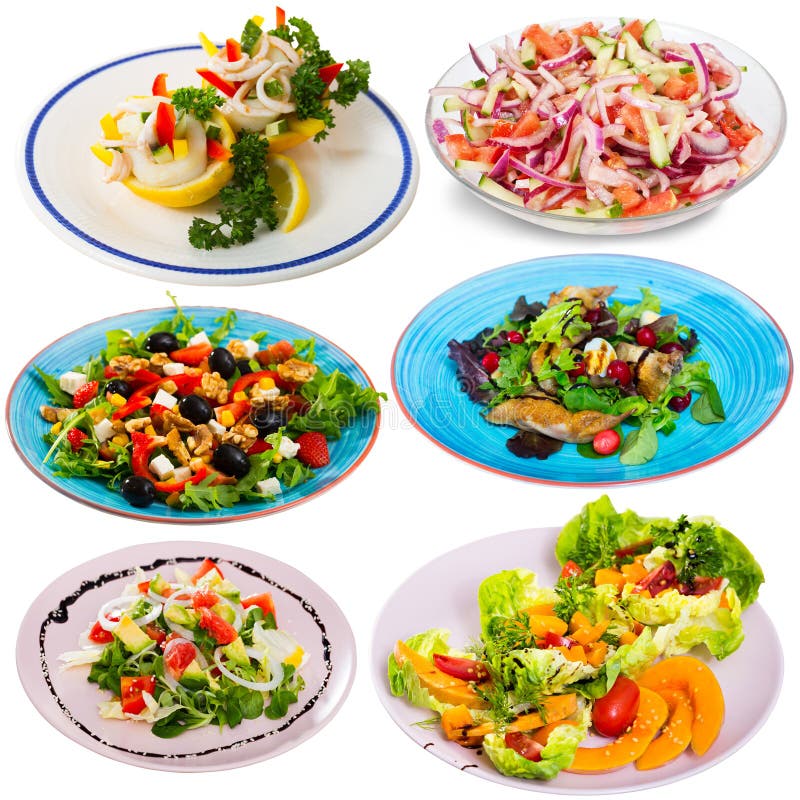 Set of Various Salads Isolated Stock Photo - Image of plates, roasted ...