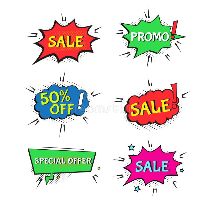 Set of Sale Comic Text Speech. Promo Bubbles Phrase Stock Illustration ...