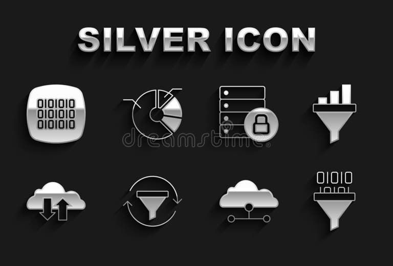 Set Sales Funnel with Chart, Binary Code, Network Cloud Connection, Cloud Download and Upload ...