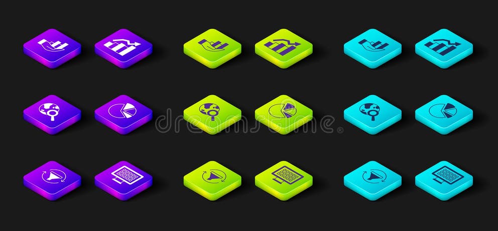 Set Sales Funnel with Chart, Binary Code, Search Globe, Pie Infographic, Financial Growth and ...