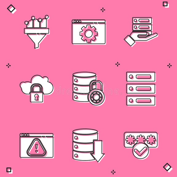 Set Sales Funnel with Chart, Browser Setting, Server, Data, Web Hosting, Cloud Computing Lock ...