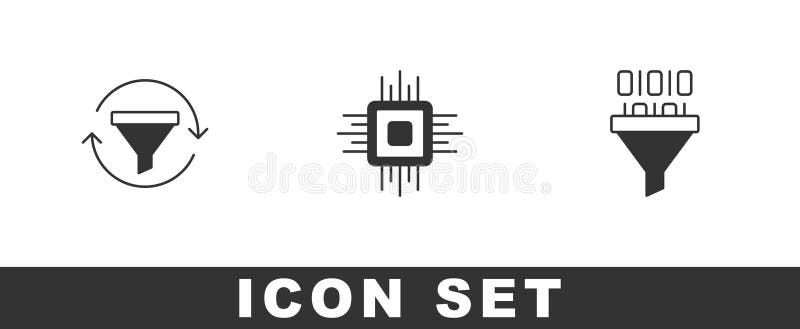 Set Sales Funnel with Chart, Processor CPU and Binary Code Icon. Vector ... Set Sales Funnel with Chart, Processor CPU and Binary Code Icon. Vector ...