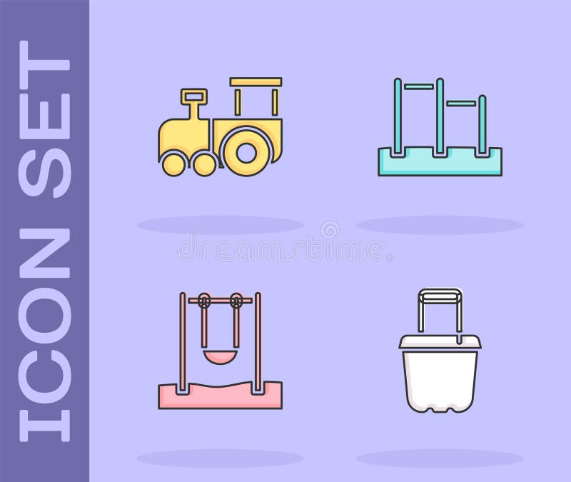 Set Sand in Bucket, Toy Train, Swing and Horizontal Bar Icon. Vector ...