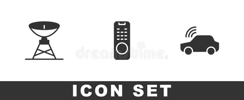 Set Satellite Dish, Remote Control and Smart Car System Icon. Vector ...