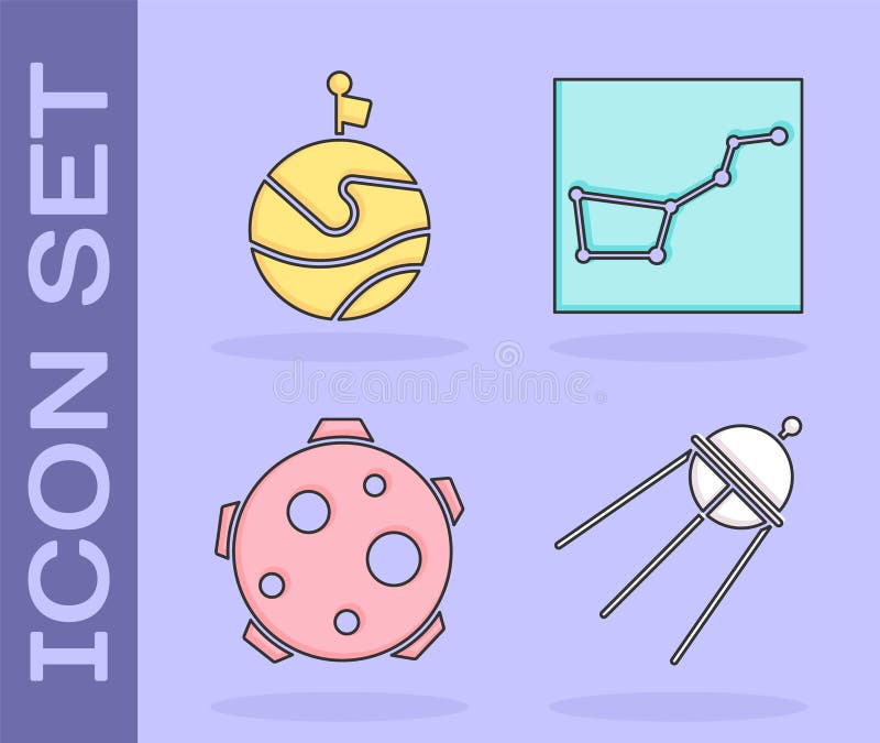 Set Satellite, Moon with Flag, Planet and Great Bear Constellation Icon ...