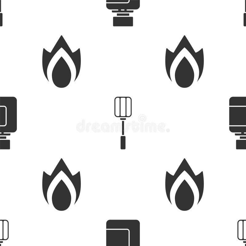 Set Sauce Bottle, Spatula and Fire Flame on Seamless Pattern. Vector ...