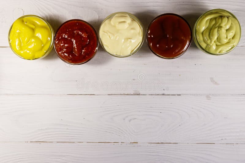 Set of Sauces on White Wooden Table Stock Image - Image of healthy ...