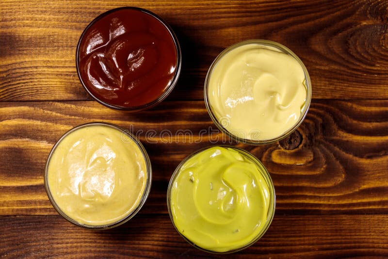 Set of Sauces on Wooden Table Stock Photo - Image of ketchup, barbecue ...