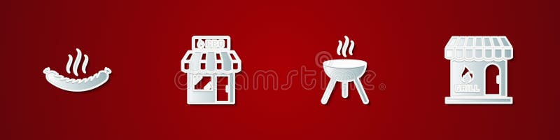 Set Sausage, Barbecue Shopping Building, Grill and Icon. Vector Stock ...
