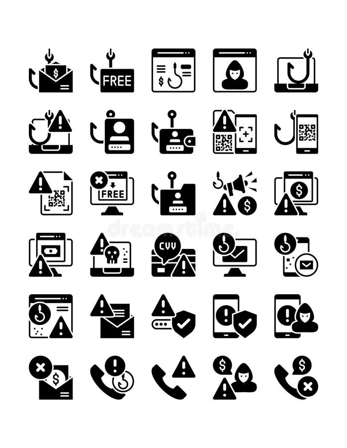 Set of Scam, Cyber Security Solid Glyph Icon Stock Illustration ...