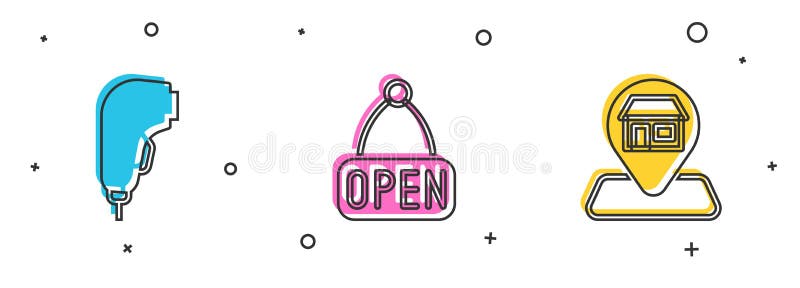 Set Scanner Scanning Bar Code, Hanging Sign with Open and Location ...