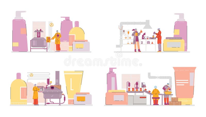 Set of Scenes about Cosmetics Production Flat Style, Vector ...