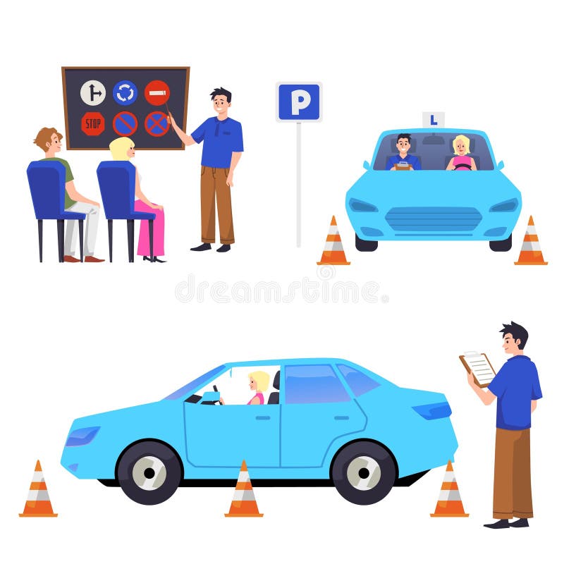 Set of Scenes about Driving School Flat Style, Vector Illustration ...