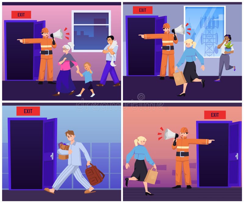Set of Scenes about Evacuation People Flat Style, Vector Illustration ...