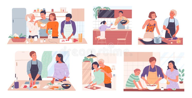 Set of Scenes with People Cooking Food Stock Illustration ...