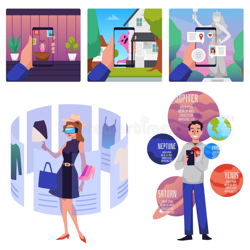 Set of Scenes about People Using Augmented Reality Technologies Flat ...