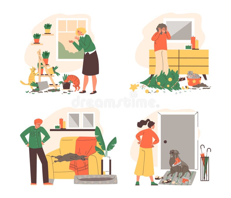 Set of Scenes with Pets Making Mess, Flat Vector Illustration Isolated ...