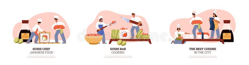 Set of Scenes with Working Sushi Chefs Flat Style, Vector Illustration ...