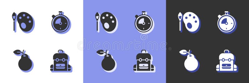 Set School Backpack, Paint Brush with Palette, Pear and Stopwatch Icon. Vector Stock Vector ...