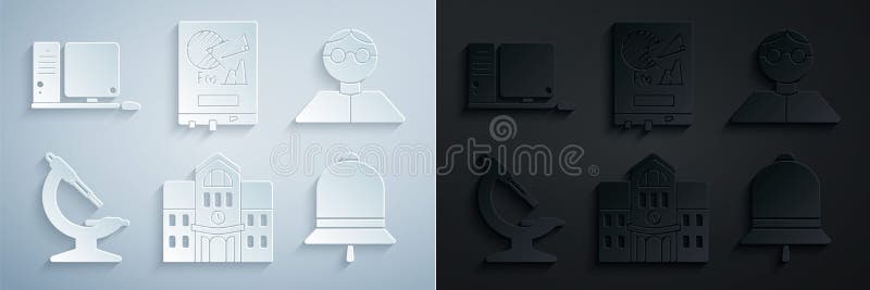 Set School Building, Student, Microscope, Ringing Bell, Board with ...