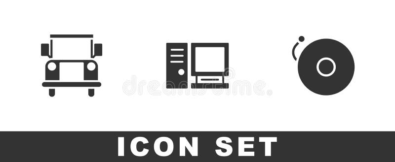 Set School Bus, Computer Monitor and Ringing Alarm Bell Icon. Vector ...