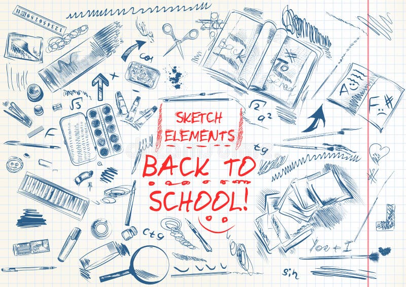 Set of School Hand Drawn Sketch Elements Stock Vector - Illustration of ...