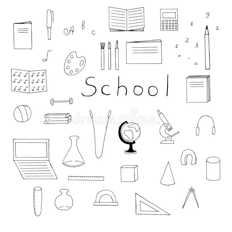 Set of School Items, Vector Doodle Illustration, Learning Tools, Sketch ...