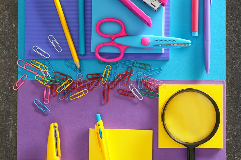 Set of School Stationery on Grey Table Stock Image - Image of exercise ...