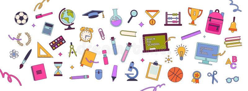 Set of School Stationery, Object, Supplies and Accessories. Icon Set. Stock Vector ...