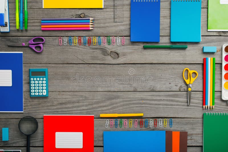 Set of School Supplies on Wooden Table with Copy Space Stock Image ...