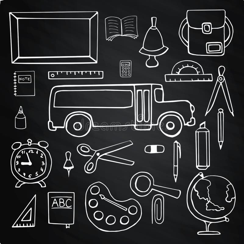 Set of School Symbols, Signs Hand Drawn on Chalk Board Stock Vector ...