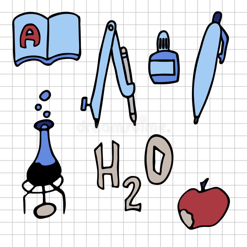 Set of School Things Checkered Sheet. Isolated Doodle Vector ...