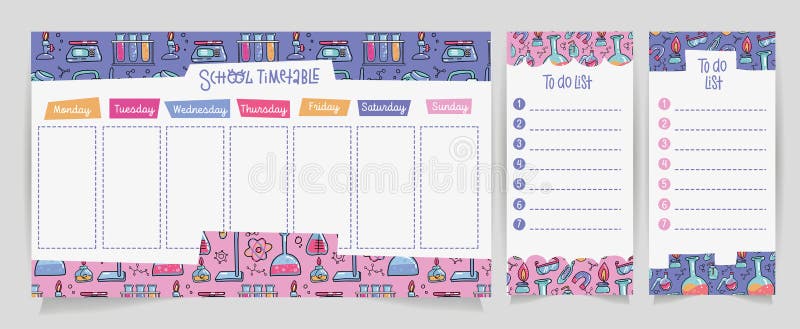 Set of School Timetable and To Do Lists with Doodle Cute Chemical ...