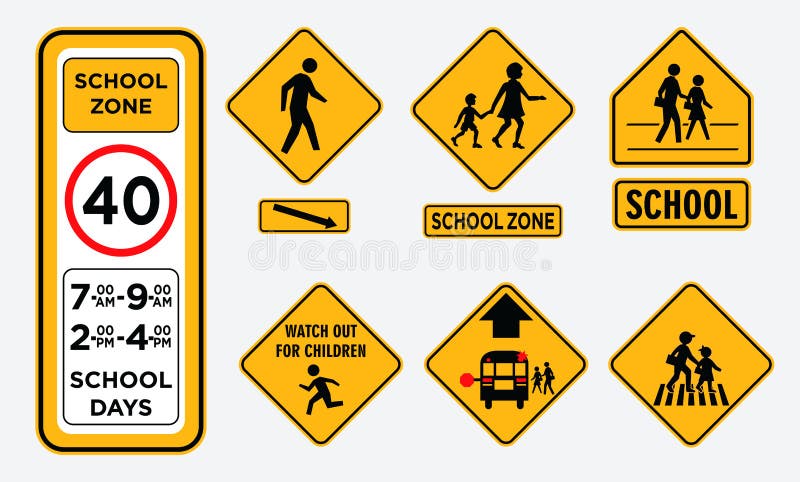 Set of School Sign Zone, Pedestrian, and Other Street School Zone Stock ...