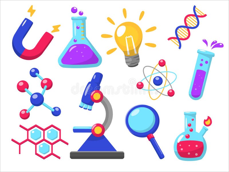 Set of Science Elements Vector Illustration with Colorful Hand-drawn ...