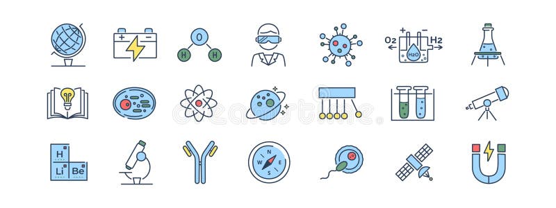 Set of 20 Science Line Icons with Color Fill. Includes Globe, Battery ...