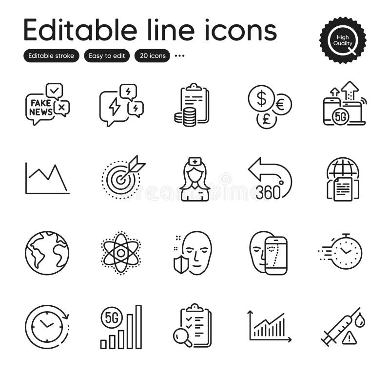 Set of Science Outline Icons. Contains Icons As 360 Degrees, Accounting and Line Chart Elements ...