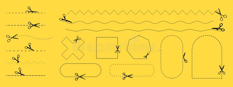 Set of Scissors with Cut Lines and Geometric Shapes. Cut Here Symbol ...