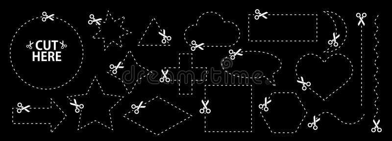 Set of Scissors with Cut Lines. Vector Collection of Speech Bubble, Rectangle, Star Geometric ...
