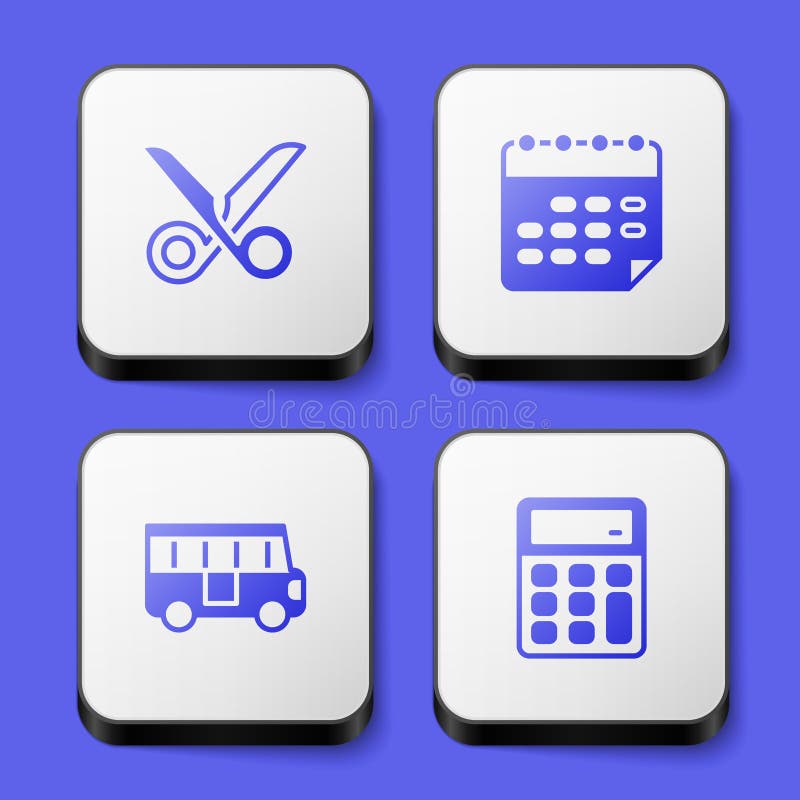 Set Scissors, School Timetable, Bus and Calculator Icon. White Square ...