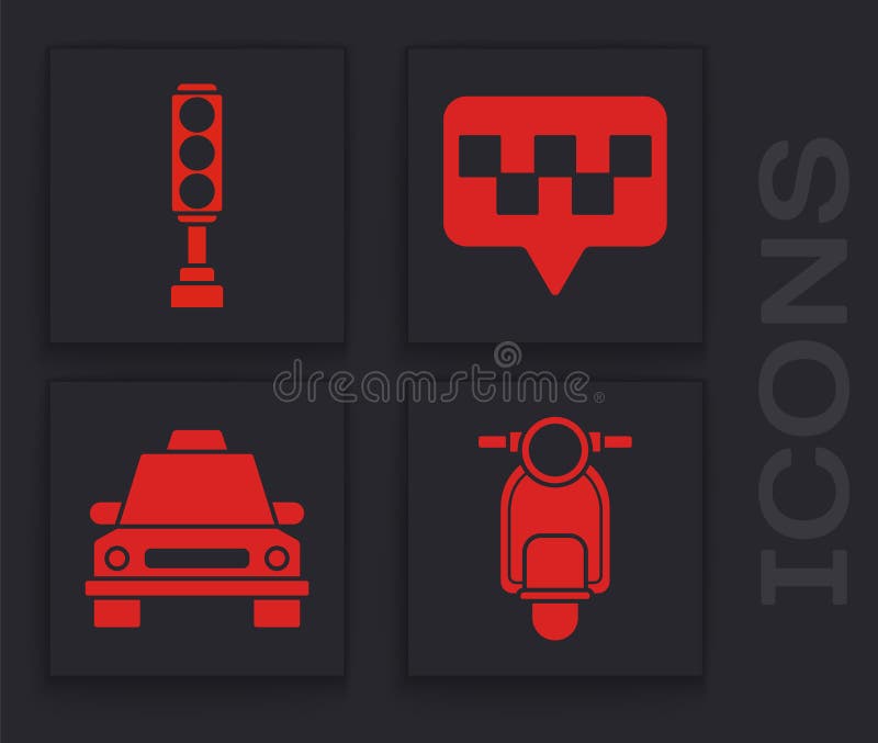 Set Scooter, Traffic Light, Map Pointer with Taxi and Taxi Car Icon ...