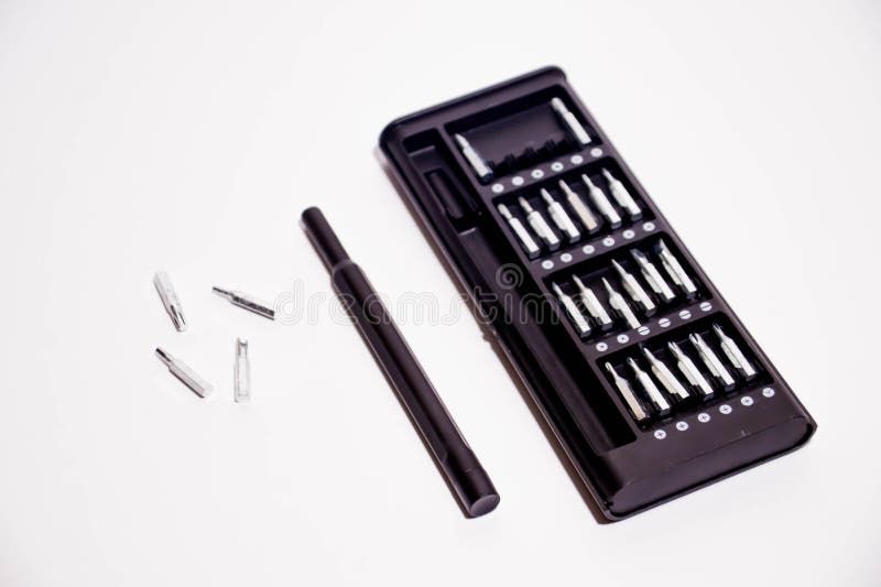 Set of Screwdriver Bits in a Black Box on a White Background. Tools ...