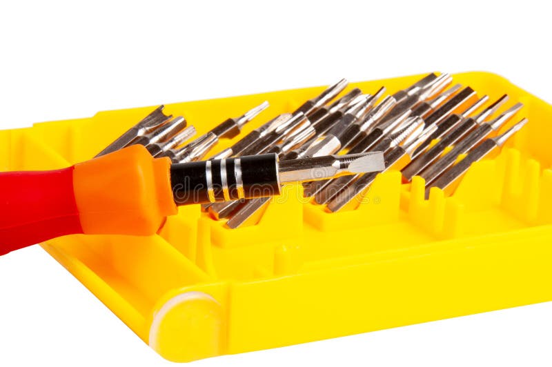 Set of Screwdrivers Tools Instrument in Yellow Box Stock Image - Image ...