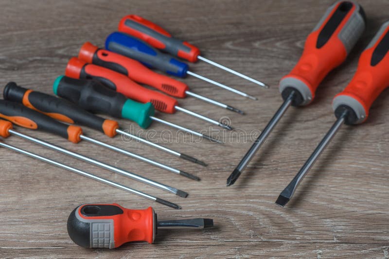 Set of Screwdrivers on Wooden Table, Top View. Space for Text Stock ...