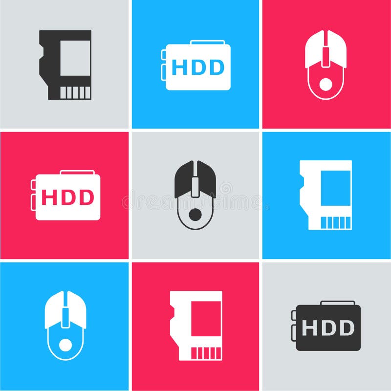 Set SD Card, Hard Disk Drive HDD and Computer Mouse Icon. Vector Stock ...