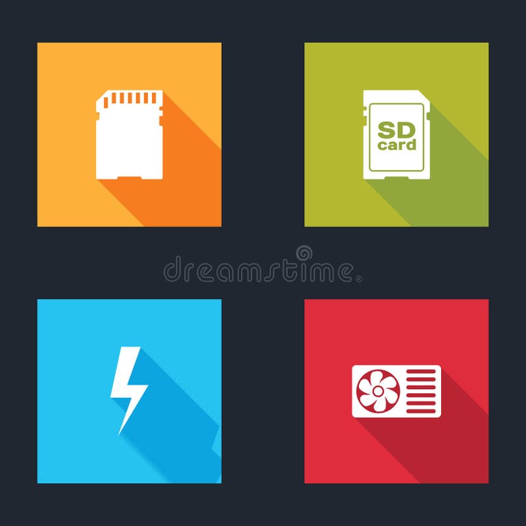 Set SD Card, , Lightning Bolt and Air Conditioner Icon. Vector Stock ...