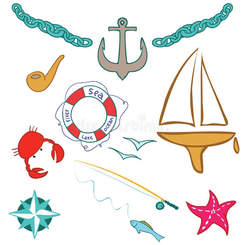 Set of sea stock vector. Illustration of crab, pipe, gulls - 29478155