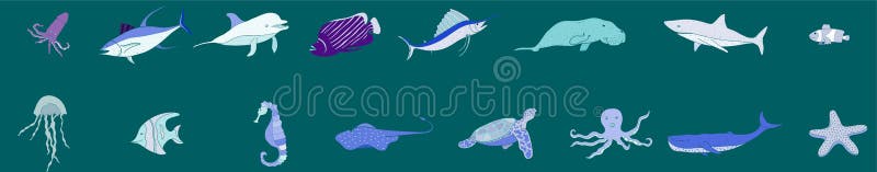 Set of Sea Creatures Fish Animals. Vector Illustration Eps10 Stock ...